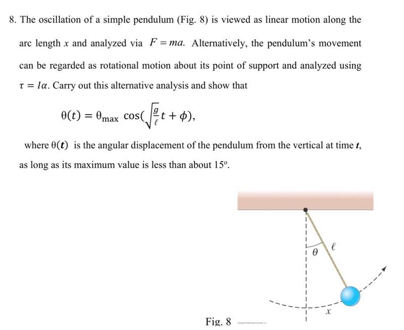 Solved 8. The oscillation of a simple pendulum (Fig. 8) is | Chegg.com