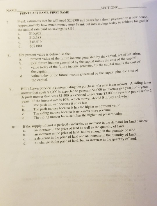 Solved SECTION NAME PRINT LAST NAME, FIRST NAME Frank | Chegg.com
