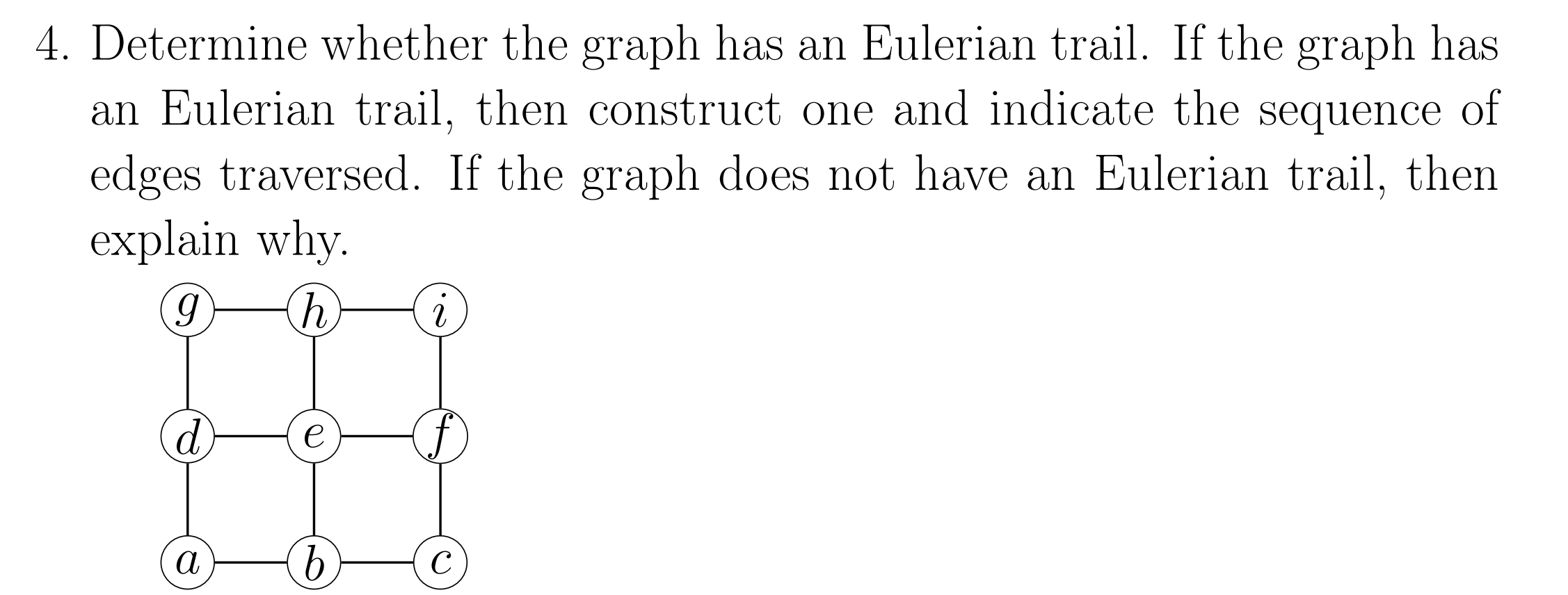 Solved 4. Determine whether the graph has an Eulerian trail. | Chegg.com