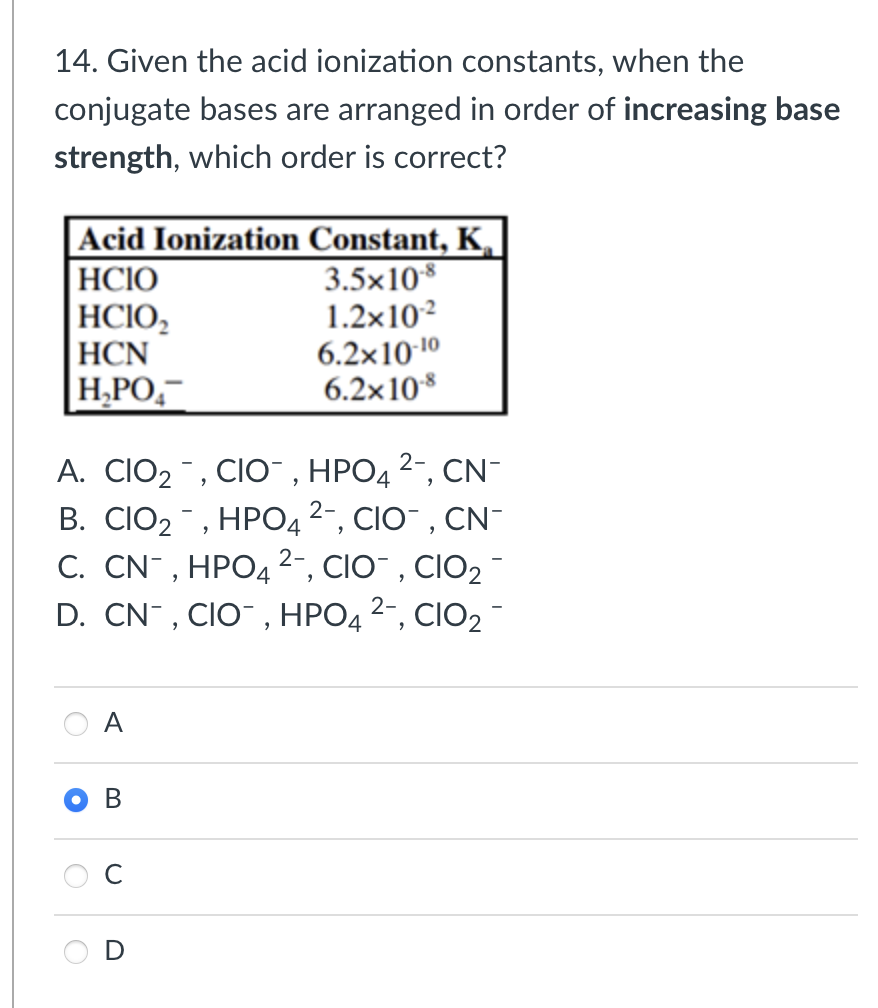 Solved 14. Given the acid ionization constants, when the | Chegg.com