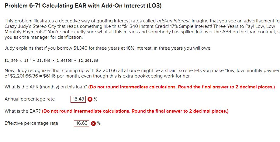 Solved Problem 6-71 ﻿Calculating EAR with Add-On Interest | Chegg.com