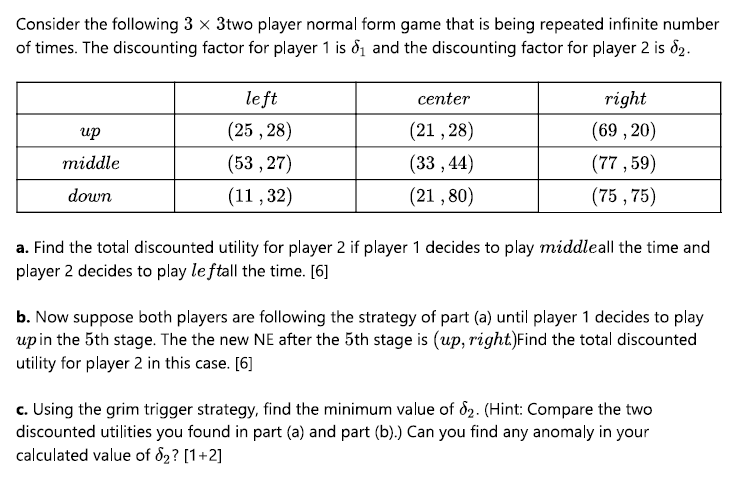 Solved Consider the following 3 x 3two player normal form | Chegg.com