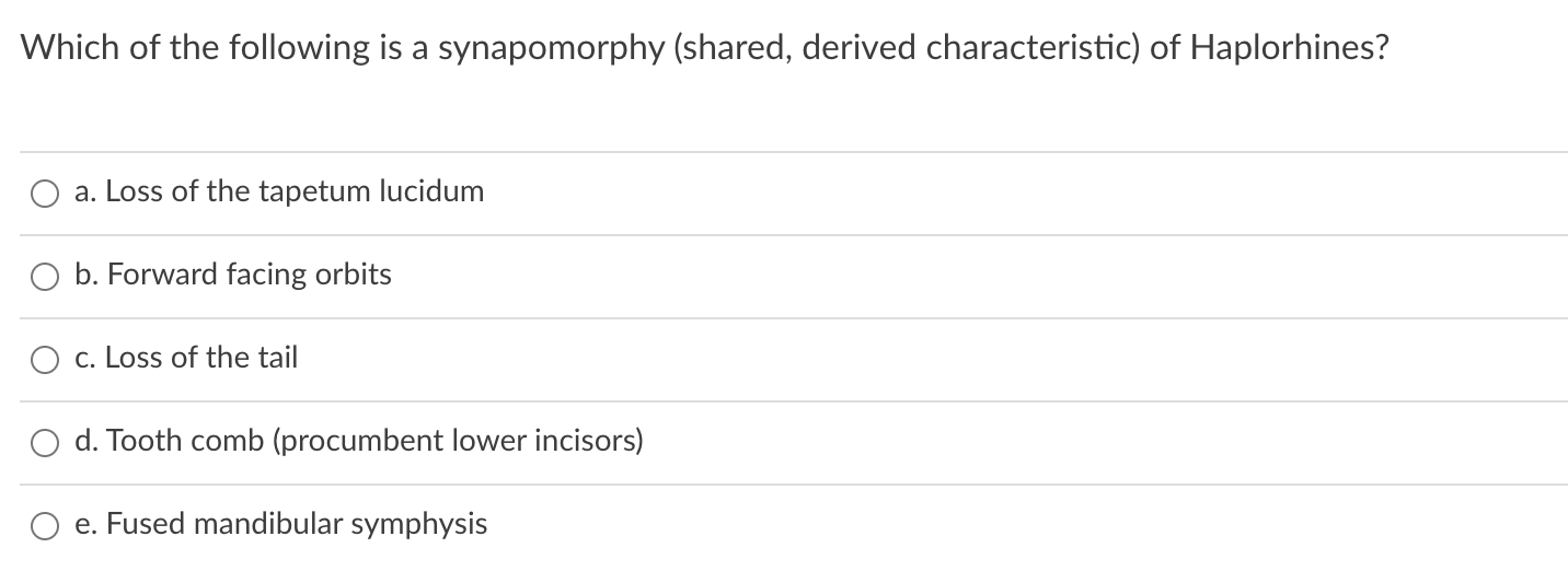 Solved Which of the following is a synapomorphy (shared, | Chegg.com