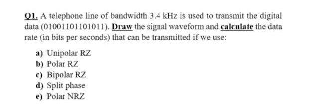 Solved Q1. A telephone line of bandwidth 3.4 kHz is used to | Chegg.com