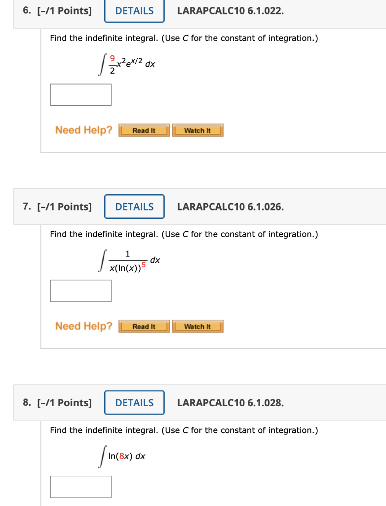 Solved 6. [-/1 Points] DETAILS LARAPCALC10 6.1.022. Find the | Chegg.com