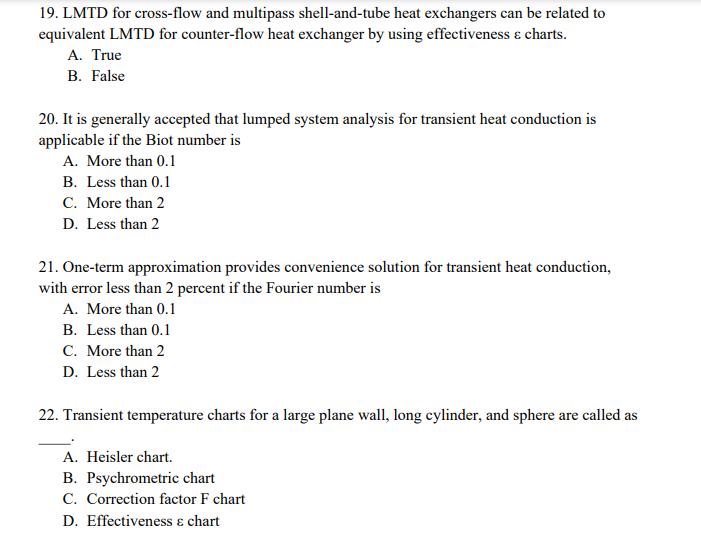 Solved 19. LMTD for cross-flow and multipass shell-and-tube | Chegg.com