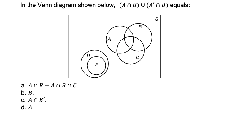 Solved In the Venn diagram shown below, (ANB) U (A'nB) | Chegg.com