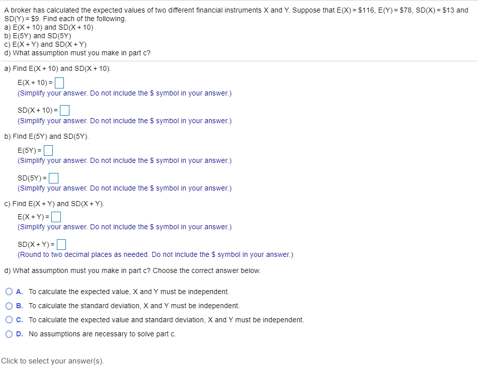 Solved A broker has calculated the expected values of two | Chegg.com