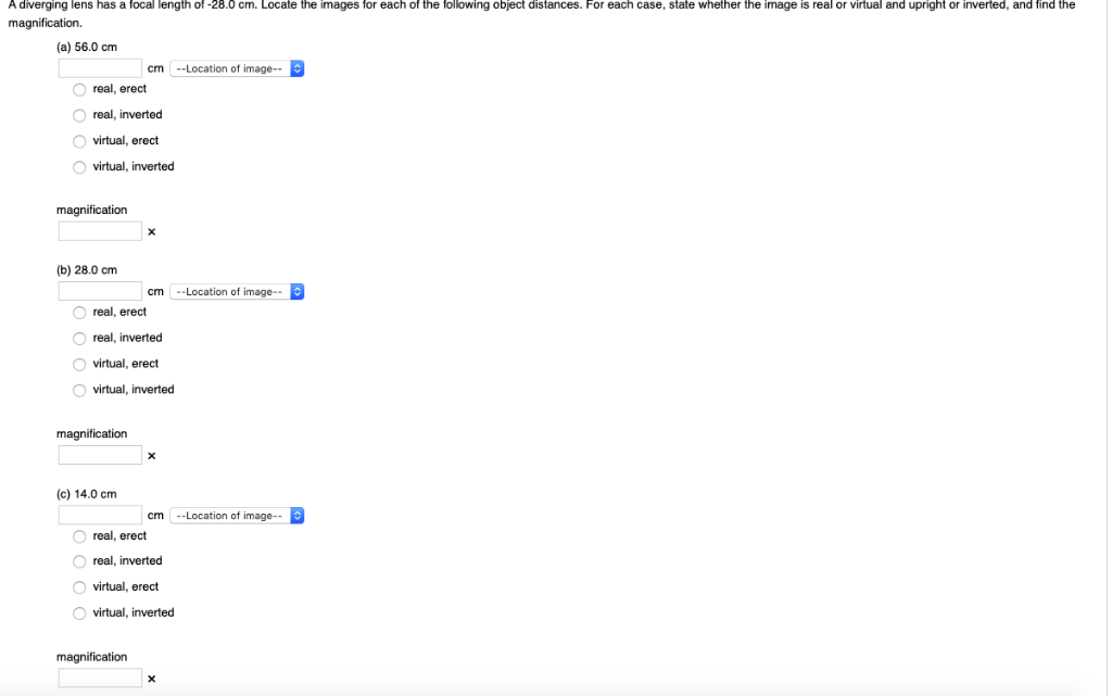 Solved A diverging lens has a focal length of -28.0 cm. | Chegg.com