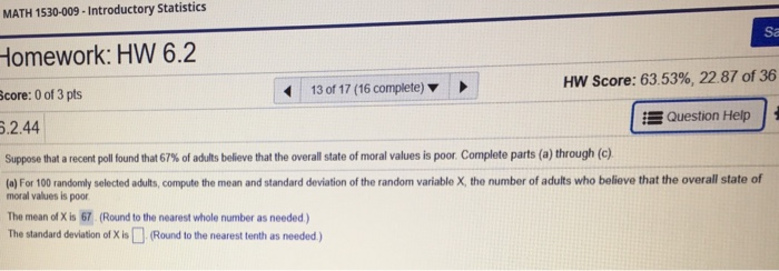 Solved MATH 1530-009-Introductory Statistics Sa Homework: HW | Chegg.com