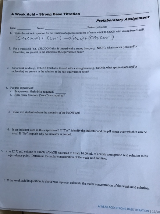 Solved A Weak Acid -Strong Base Titration Prelaboratory | Chegg.com
