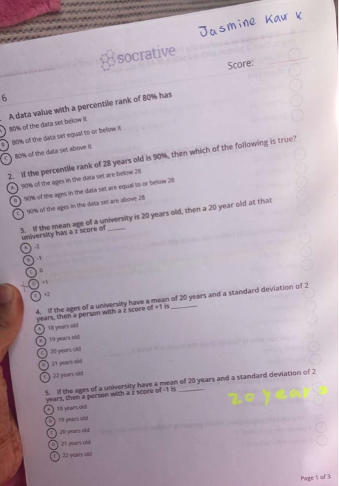 Solved Tasmine kau socrative Score: A data value with a | Chegg.com