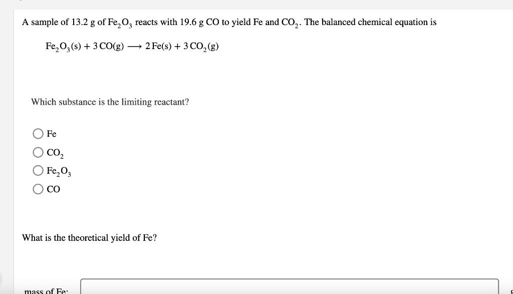 Solved ОСО What is the theoretical yield of Fe? mass of Fe: | Chegg.com