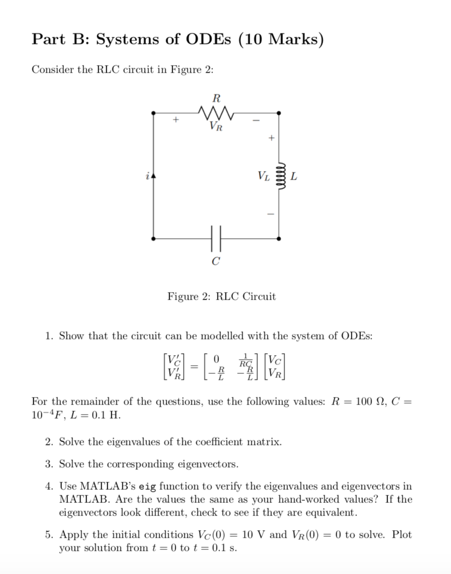 Part B: Systems of ODEs (10 Marks) Consider the RLC | Chegg.com