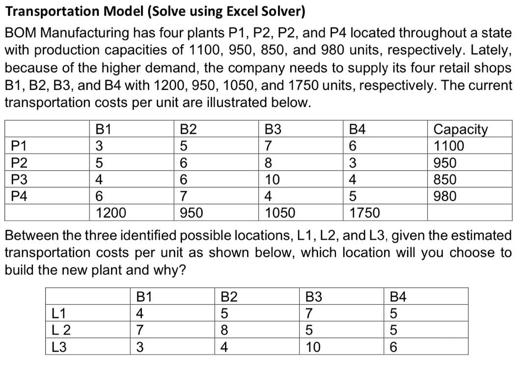 Solved Transportation Model (Solve using Excel Solver) BOM | Chegg.com