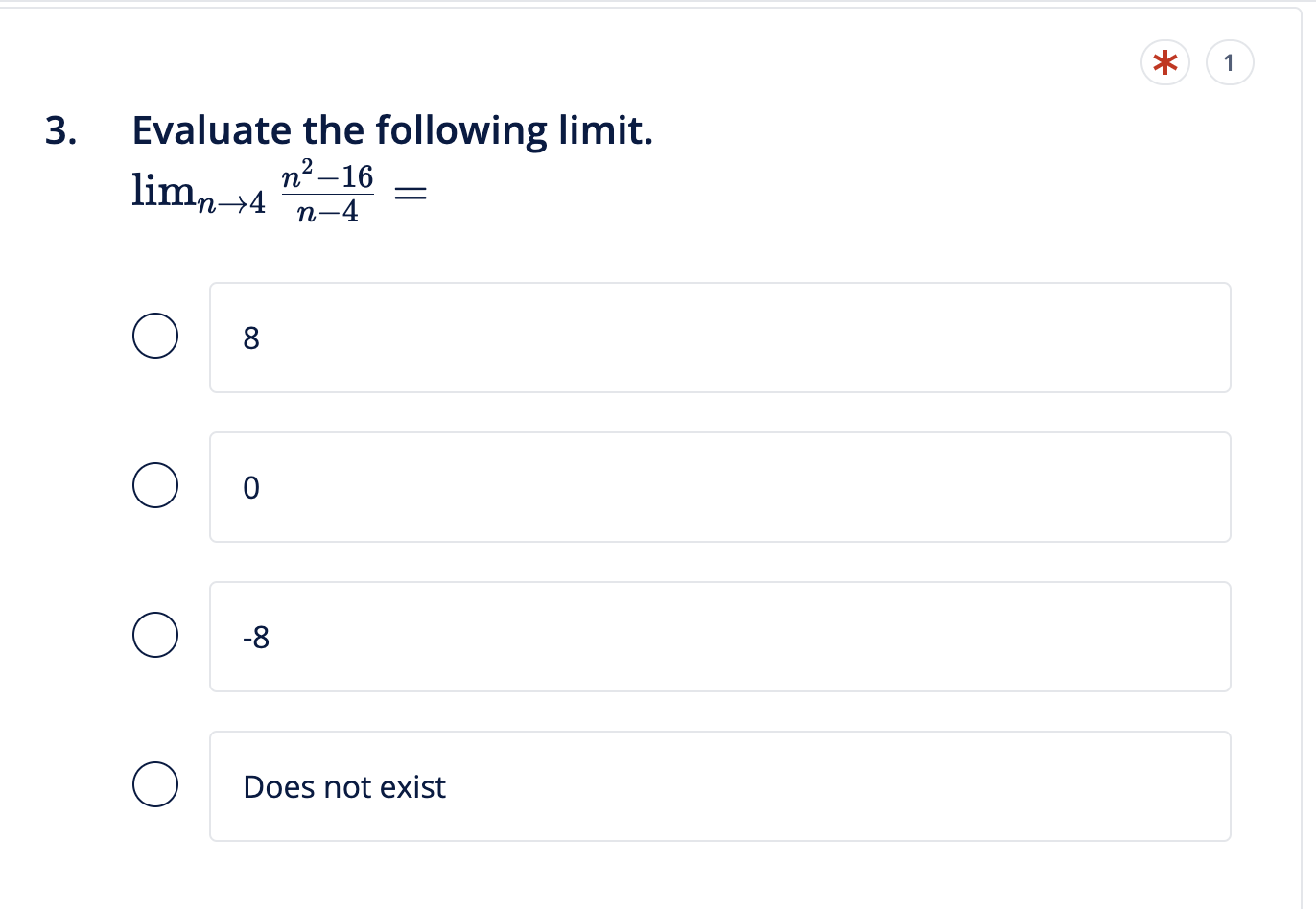 Solved Evaluate the following limit. limn→4n−4n2−16= | Chegg.com