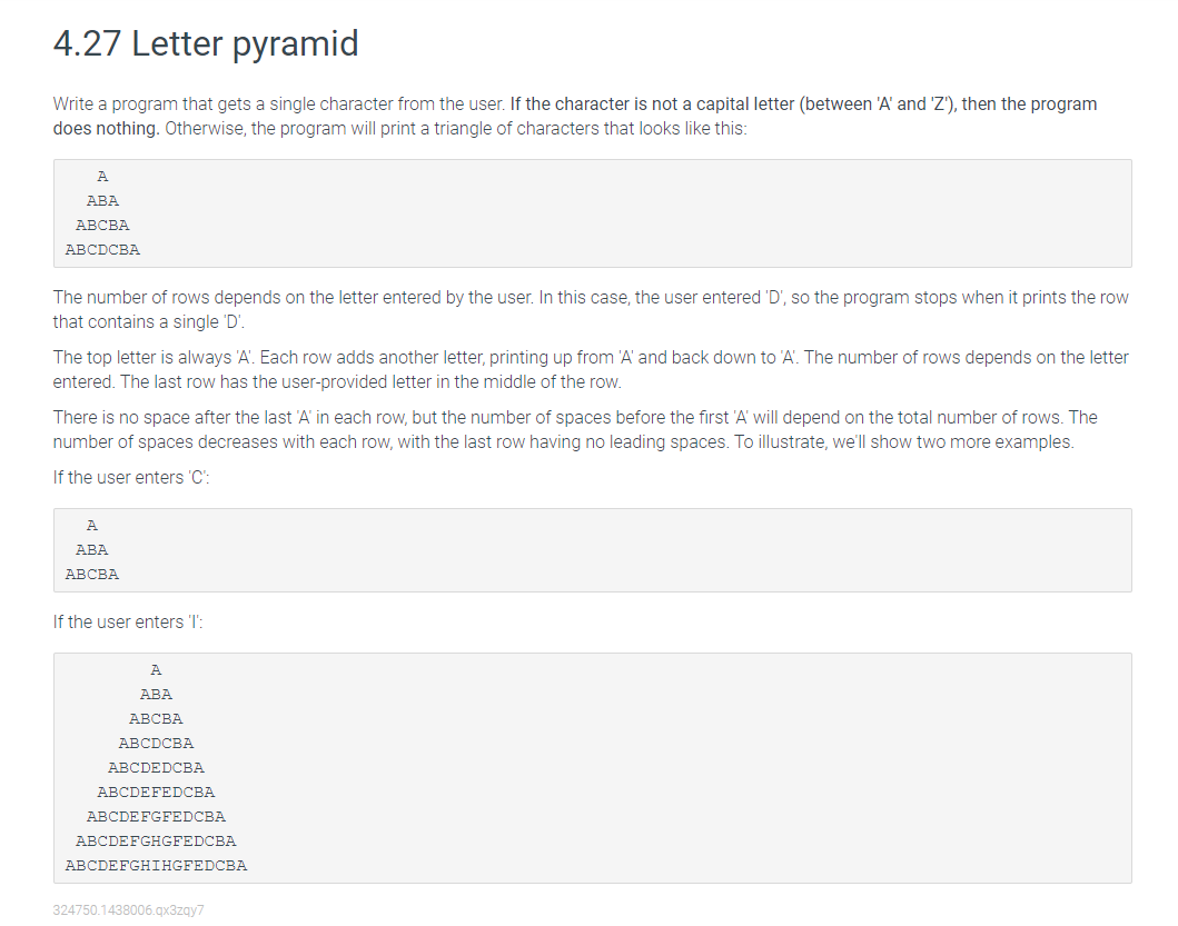 Solved 4.27 Letter pyramid Write a program that gets a | Chegg.com