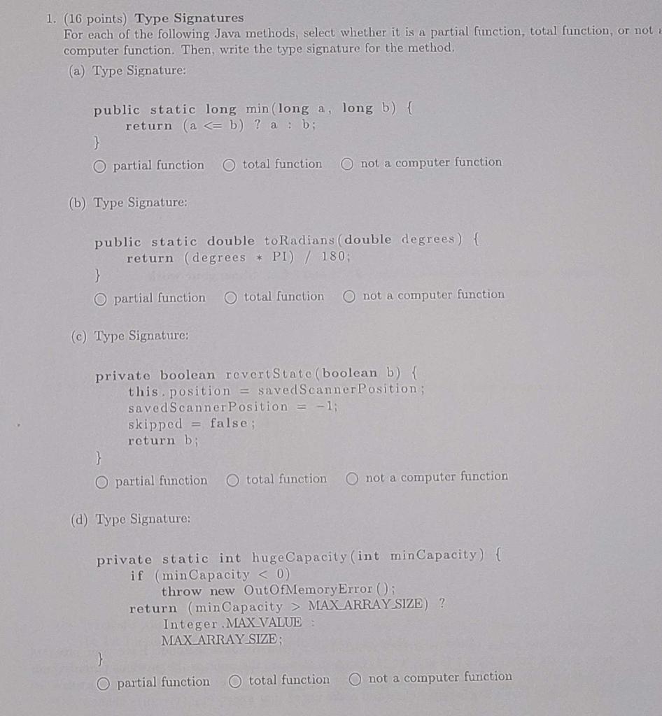 Solved 1. (16 points) Type Signatures For each of the | Chegg.com