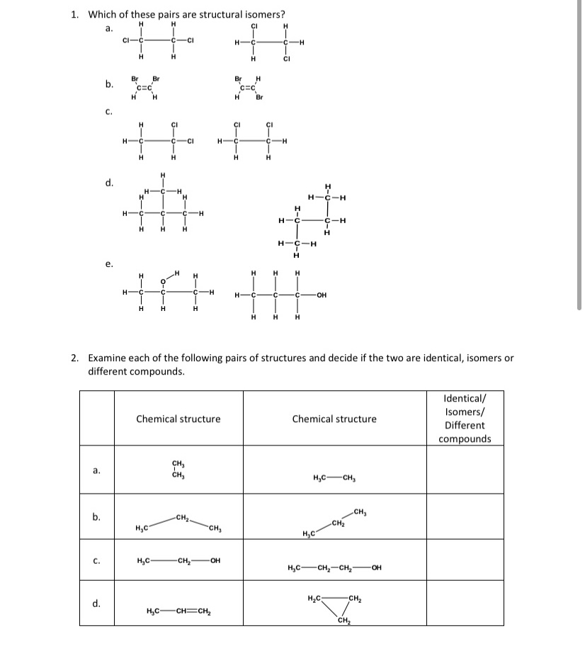 Solved 1. Which of these pairs are structural isomers? H a. | Chegg.com