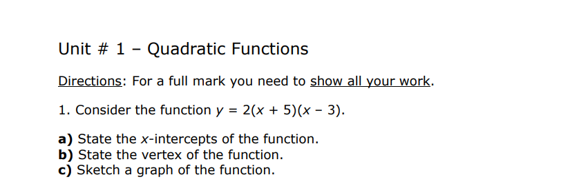 Solved Unit # 1 - ﻿Quadratic FunctionsDirections: For a full | Chegg.com
