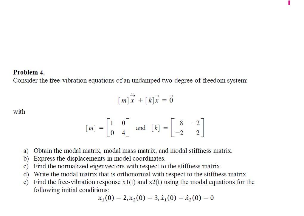 Solved Problem 4. Consider the free-vibration equations of | Chegg.com