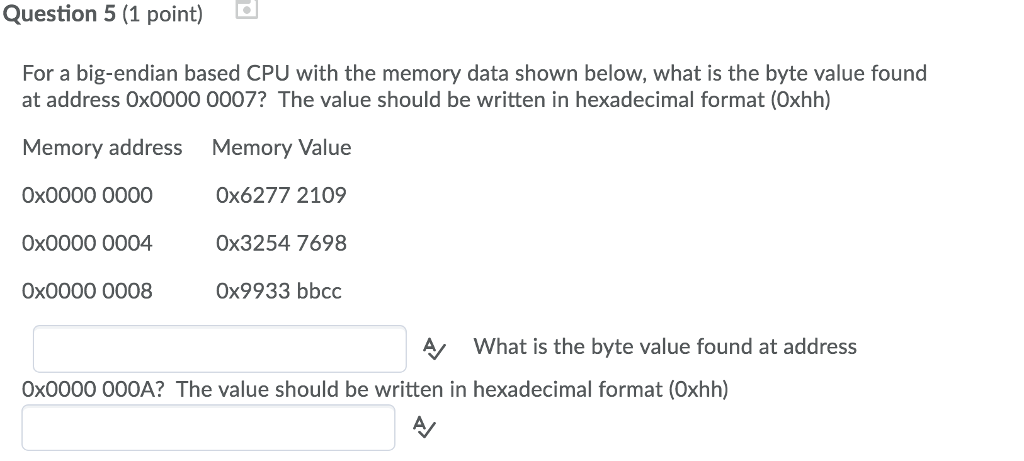 Solved Question 5 (1 point) For a big-endian based CPU with | Chegg.com