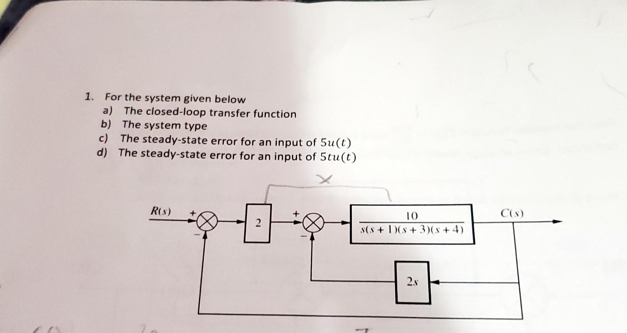 Solved 1. For the system given below a) The closed-loop | Chegg.com