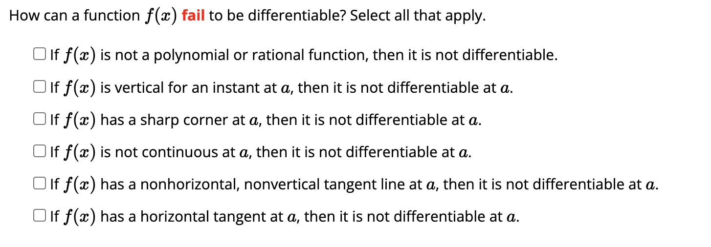 Solved How can a function f(x) fail to be differentiable? | Chegg.com