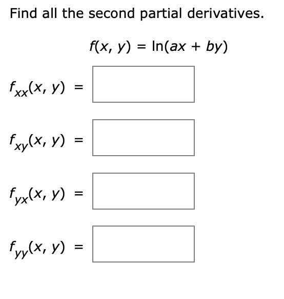 Solved Find all the second partial derivatives. | Chegg.com
