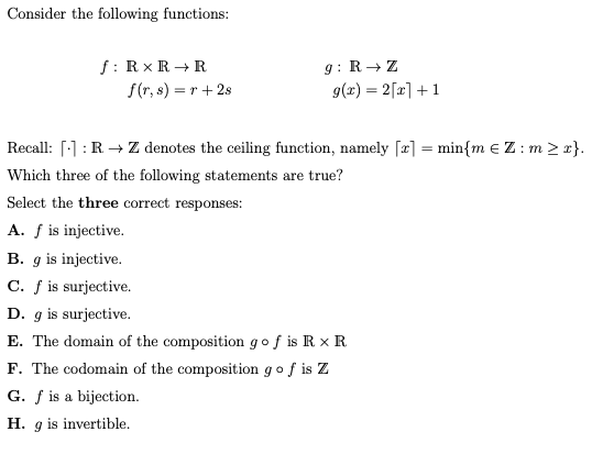 Solved Consider the following functions: f: RxR → R f(r,s) = | Chegg.com