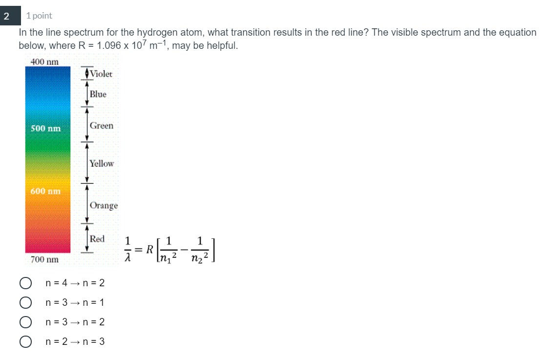 Solved 2 1 point In the line spectrum for the hydrogen atom, | Chegg.com