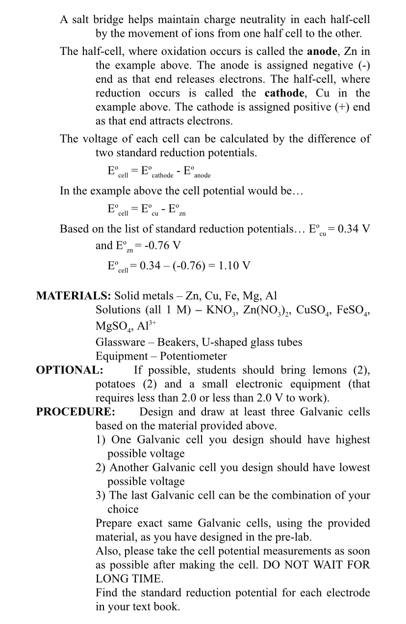 Solved OBJECTIVE: Build Galvanic cells, measure cell | Chegg.com