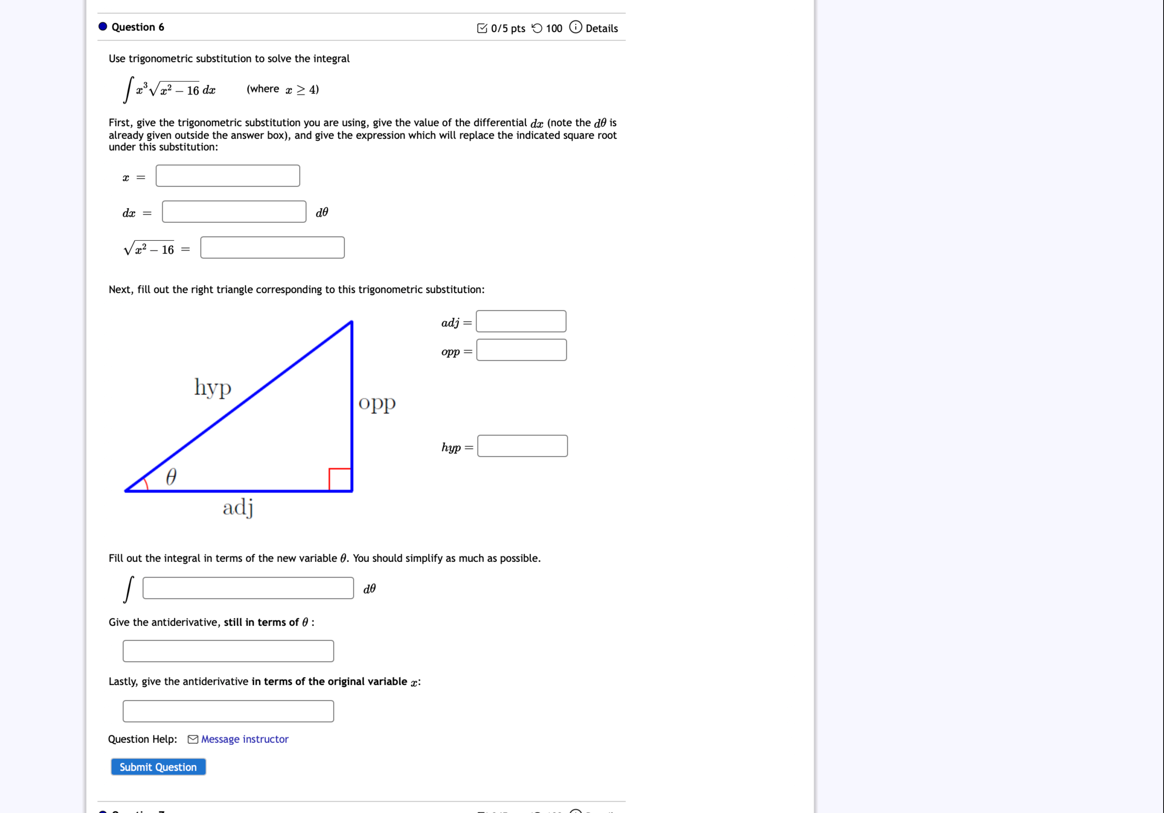 Solved Question 6 ﻿Question 5Use trigonometric substitution | Chegg.com