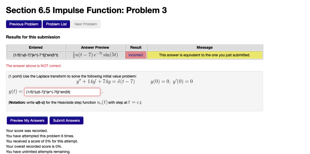 Solved Section 6.5 Impulse Function: Problem 3 Previous | Chegg.com