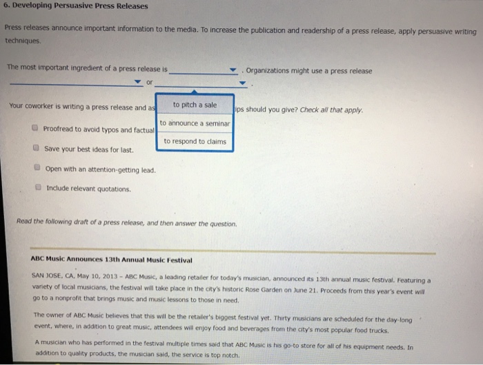 Solved 6. Developing Persuasive Press Releases Press | Chegg.com