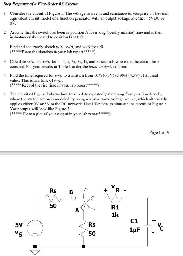 Step Response of a First-Order RC Circuit 1. Consider | Chegg.com