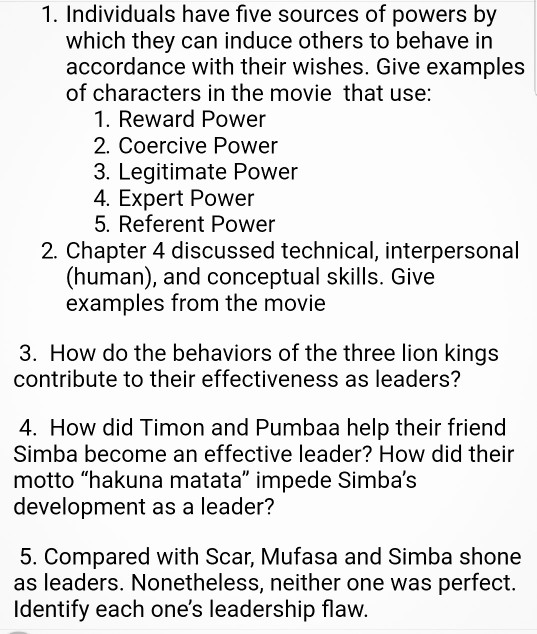 Solved 1. Individuals have five sources of powers by which | Chegg.com