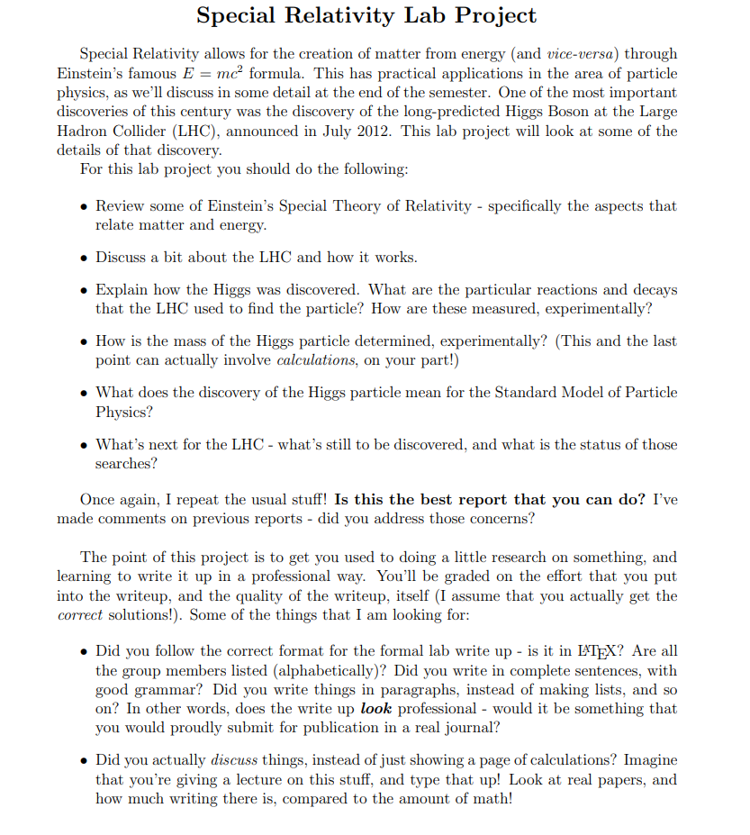 Solved Special Relativity Lab Project Special Relativity