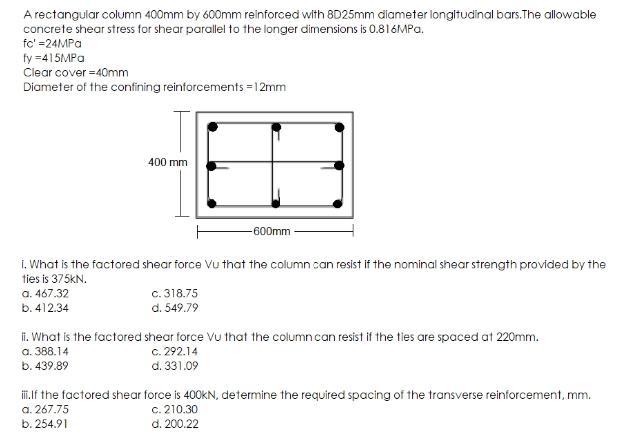 Solved A rectangular column 400mm by 600mm reinforced with | Chegg.com