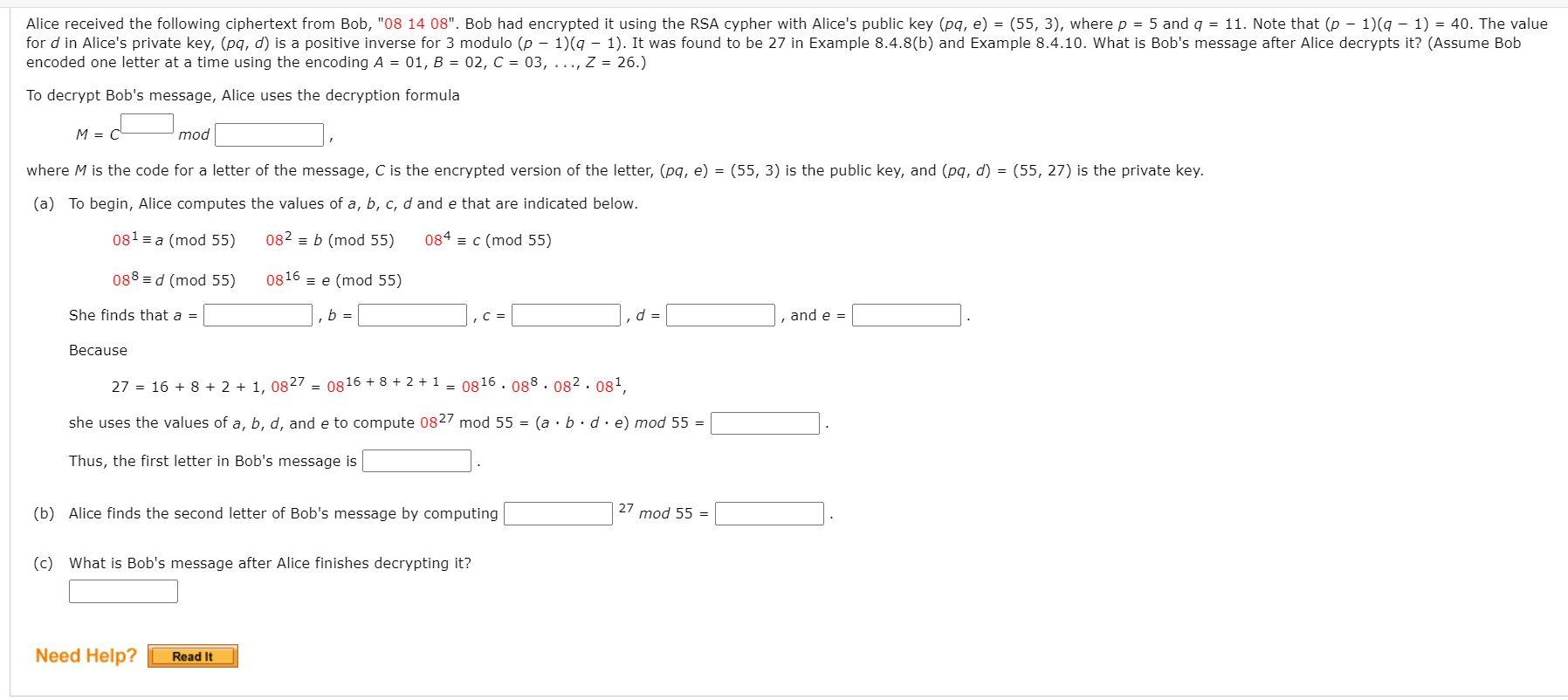 Solved Alice received the following ciphertext from Bob, "08 | Chegg.com