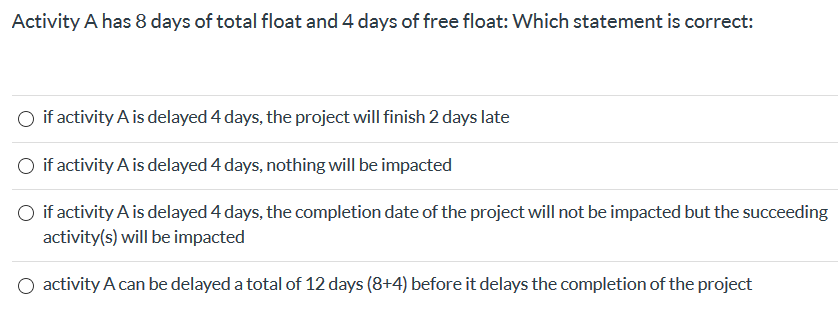 Solved Activity A has 8 days of total float and 4 days of | Chegg.com