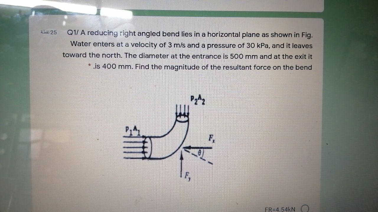 Solved 25 نقطة Q1/ A reducing right angled bend lies in a | Chegg.com