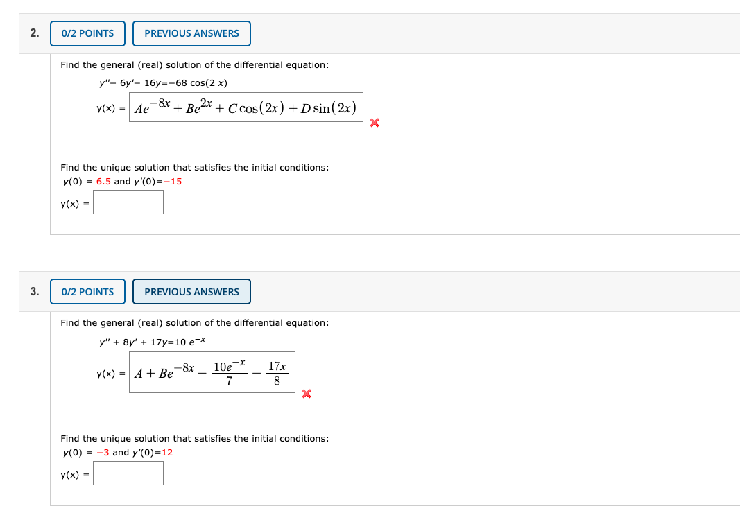 Solved 0/2 POINTS PREVIOUS ANSWERS Find the general (real) | Chegg.com