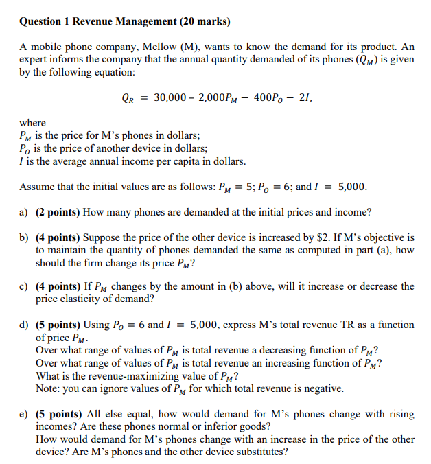 Solved Question 1 ﻿Revenue Management (20 ﻿marks)A mobile | Chegg.com