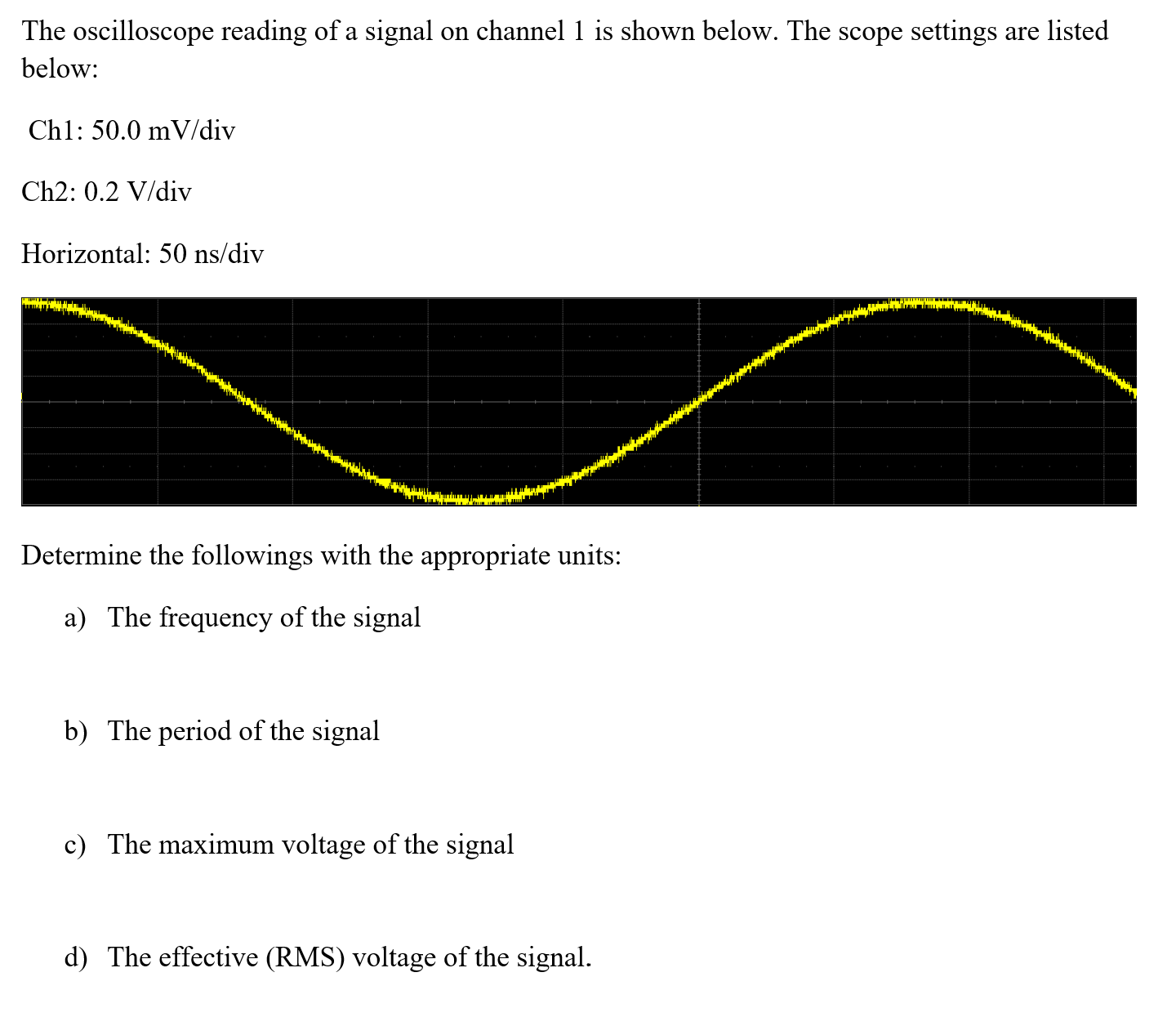 Solved The oscilloscope reading of a signal on channel 1 is | Chegg.com