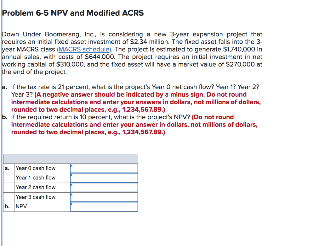 Solved Problem 6-5 NPV and Modified ACRS Down Under | Chegg.com