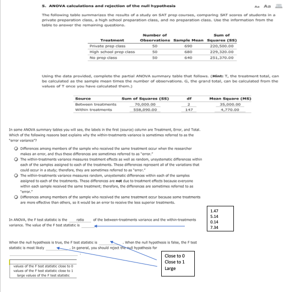 Solved .ANOVA calculations and rejection of the null | Chegg.com