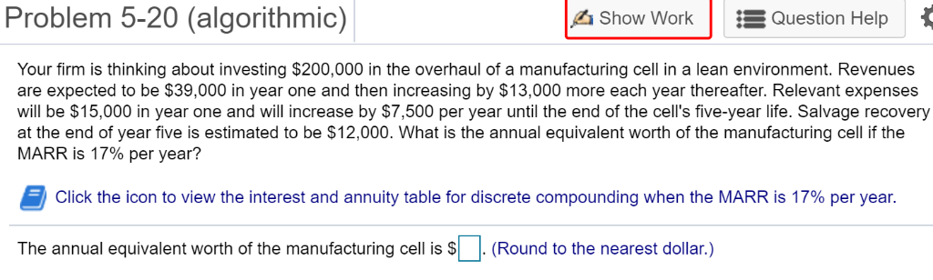 Solved Problem 5-20 (algorithmic) Show Work Question Help | Chegg.com