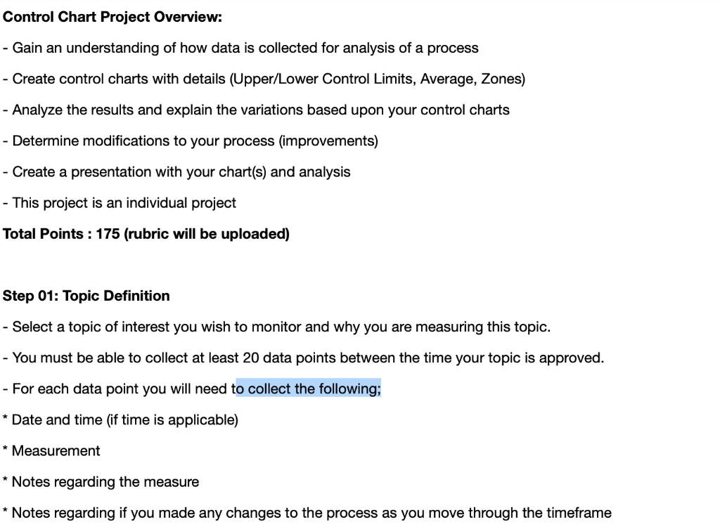 Control Chart Project Overview: Gain an understanding | Chegg.com
