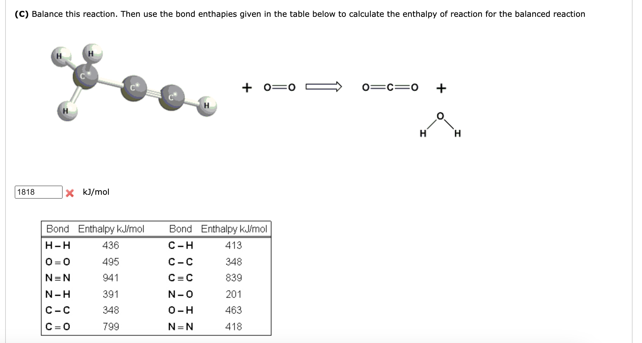 Solved (C) Balance this reaction. Then use the bond | Chegg.com